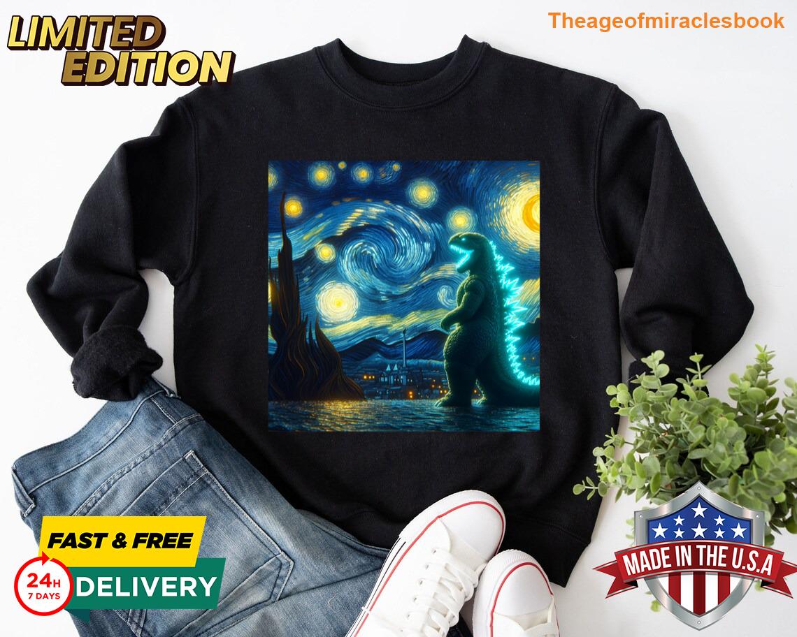 Retro Japanese Kaiju Monster Starry Night Parody Art T-shirt